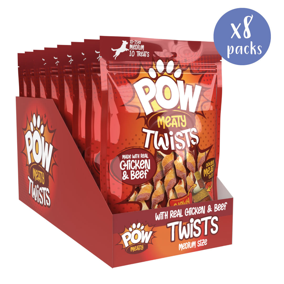 Pow Meaty Twists Dog Chews - Chicken & Beef - Box of 8 Packs